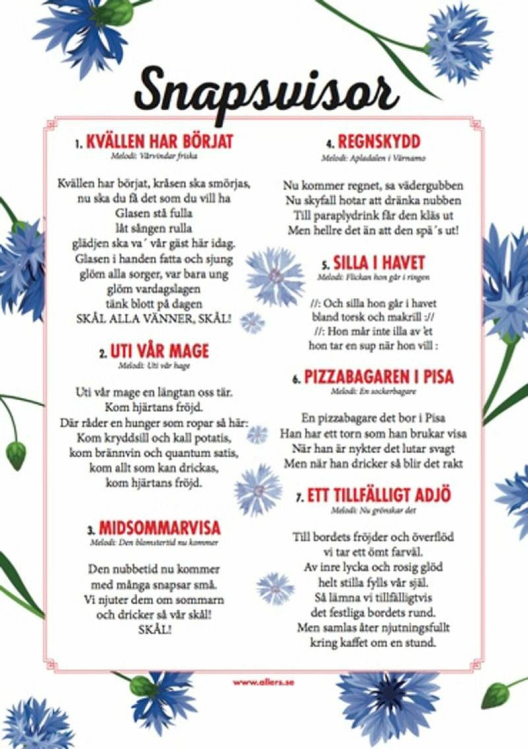 Skriv ut: Snapsvisor till midsommarfesten | Allas